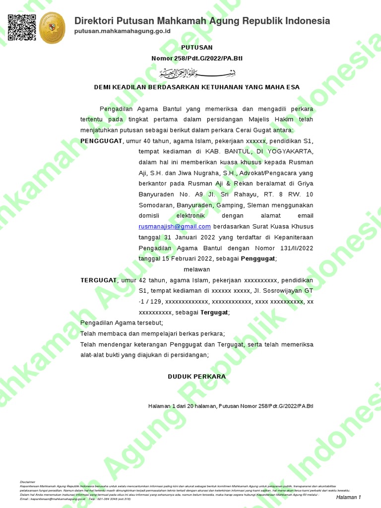 Putusan Cerai PA Bantul 2022 | PDF