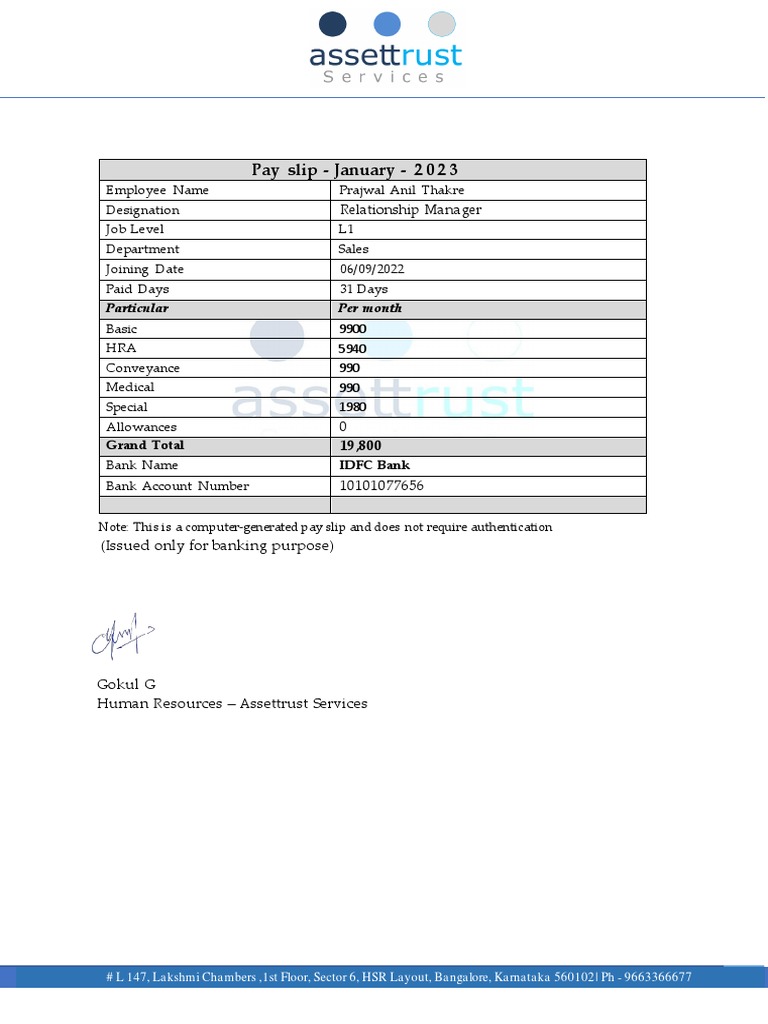 Prajwal Thakre's January 2023 Pay Slip Breakdown Reflecting Basic Salary, Allowances, and ...