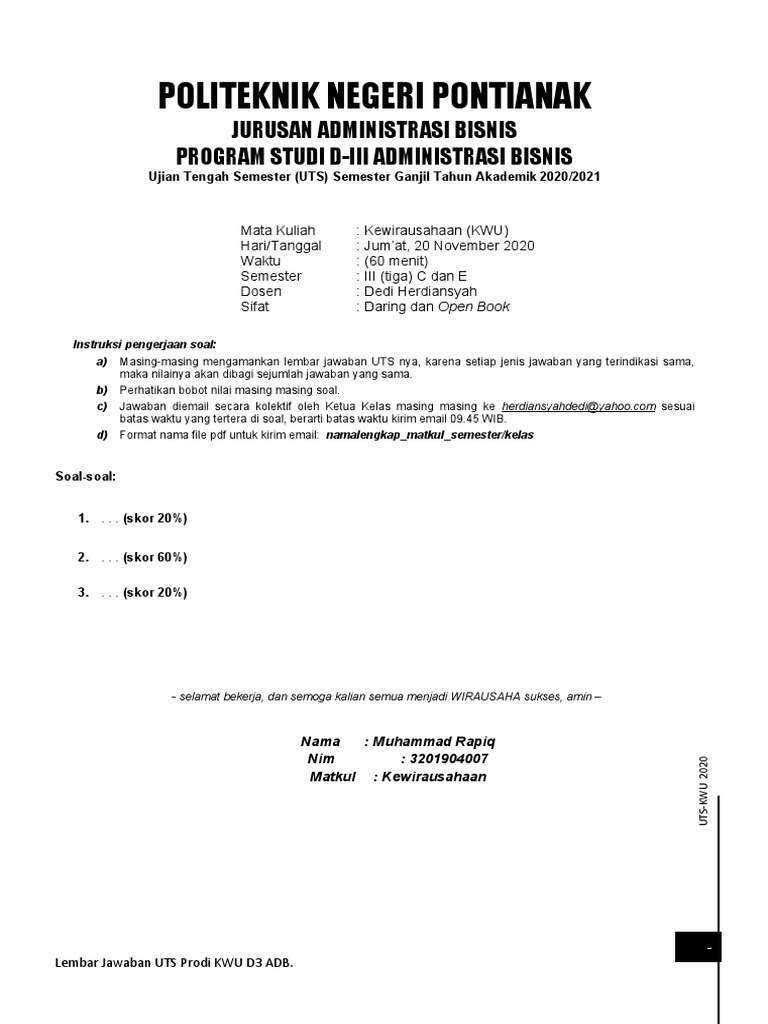 Lembar Jawaban UTS KWU-Nov 2020 | PDF