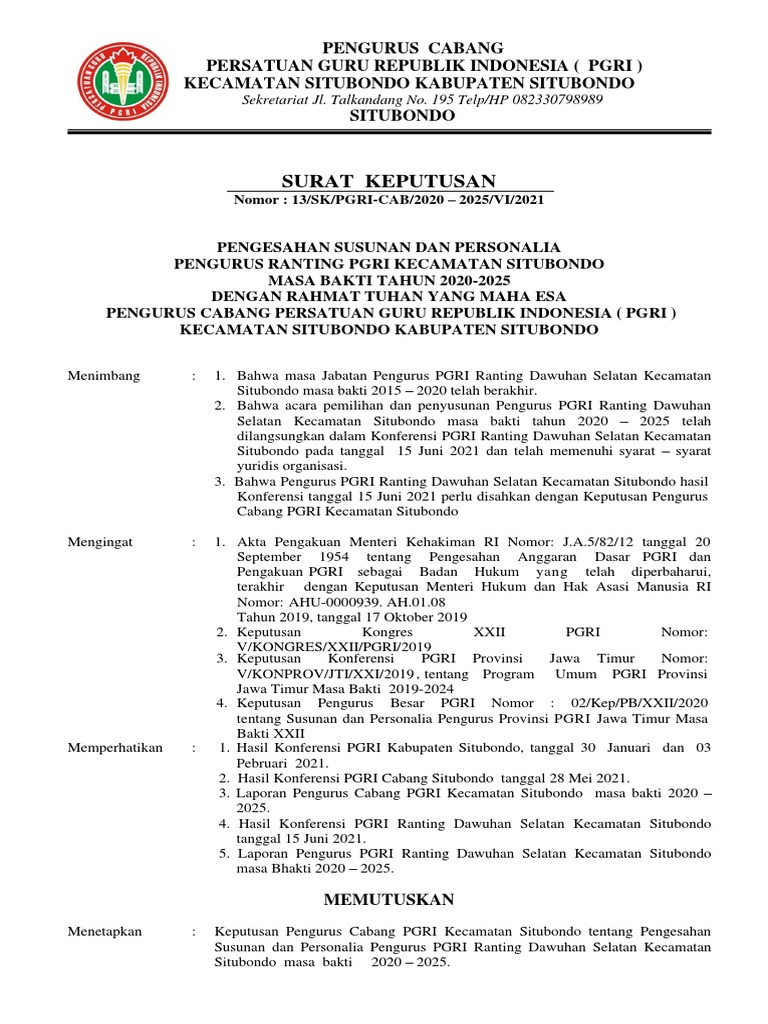 SK Pengurus Pgri Ranting Daw - Sel. Sit. 2020-2025 PDF | PDF