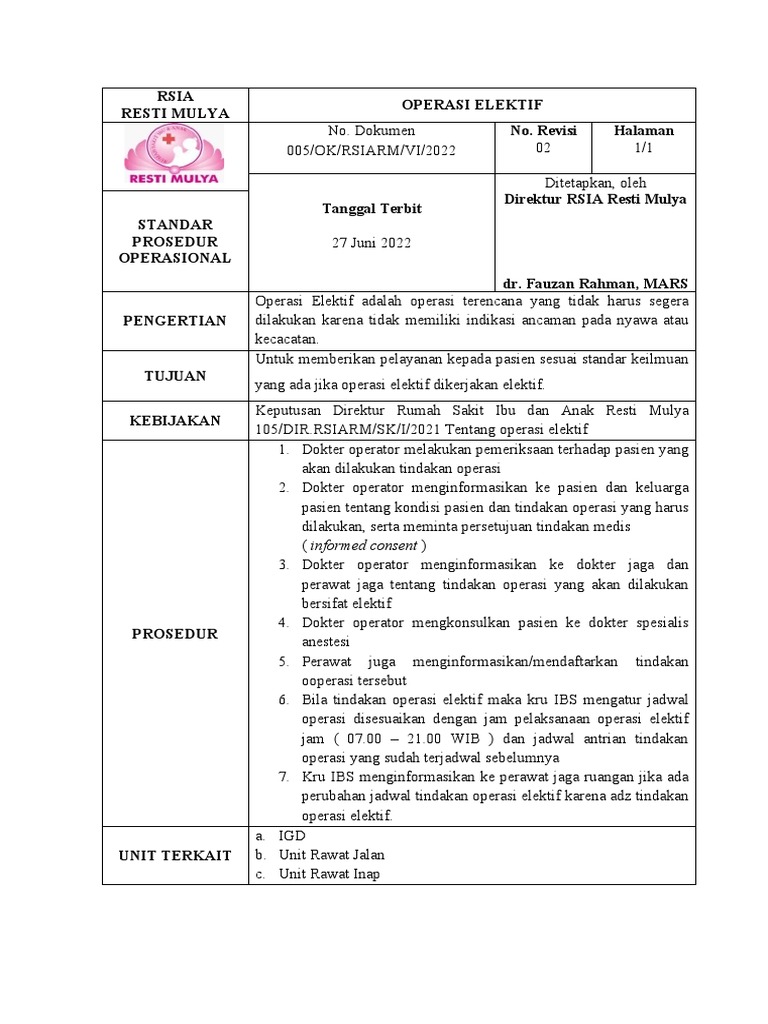 Prosedur Operasi Elektif RSIA Resti Mulya | PDF