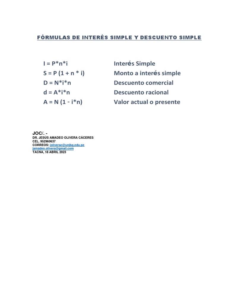 Fórmulas de Interés Simple y Descuento Simple PDF | PDF
