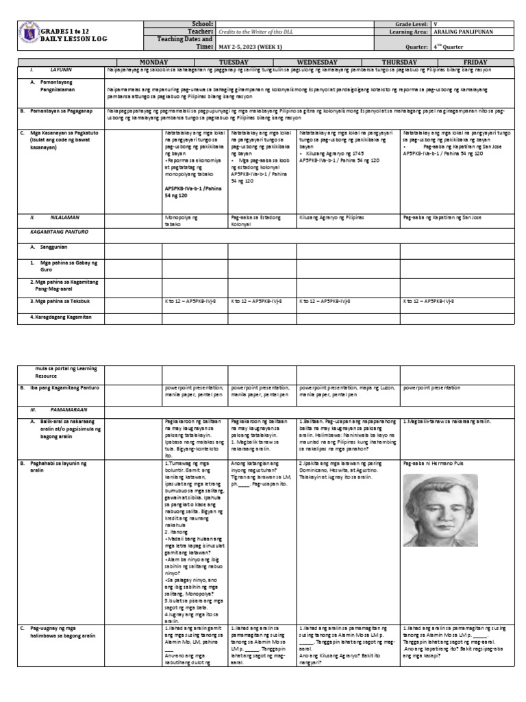 Grade 5 DLL Araling Panlipunan 5 Q4 Week 1 | PDF