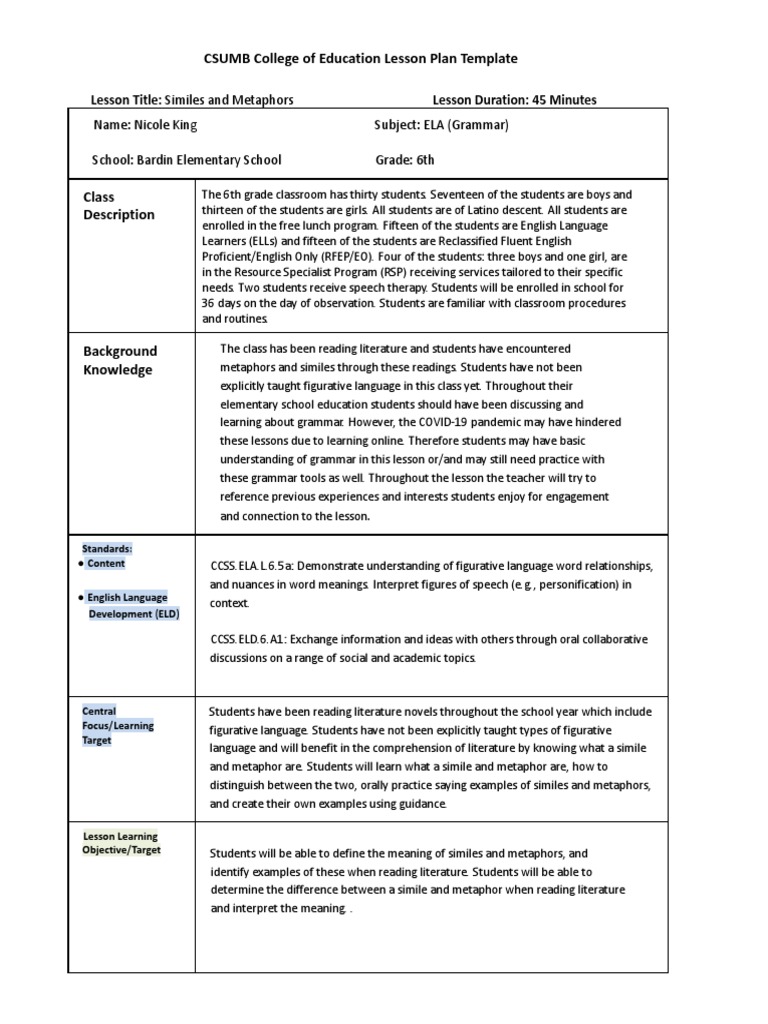 CSUMB Formal Observation #1 Lesson Plan | PDF