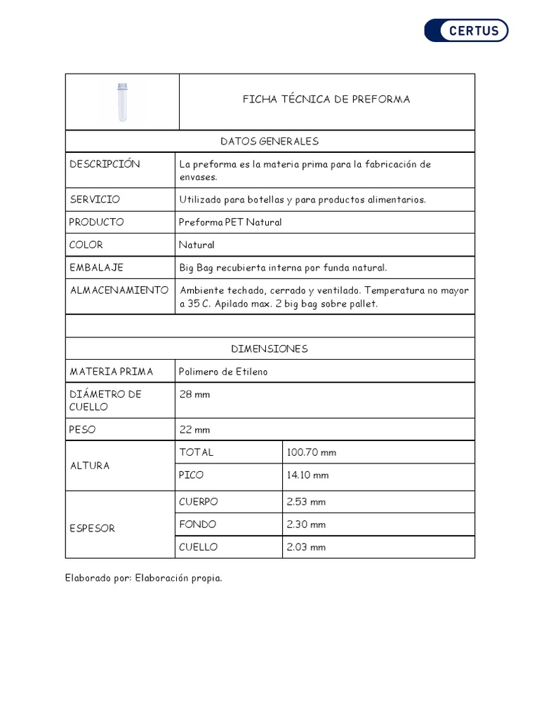 Ficha Técnica de Preforma PDF | PDF