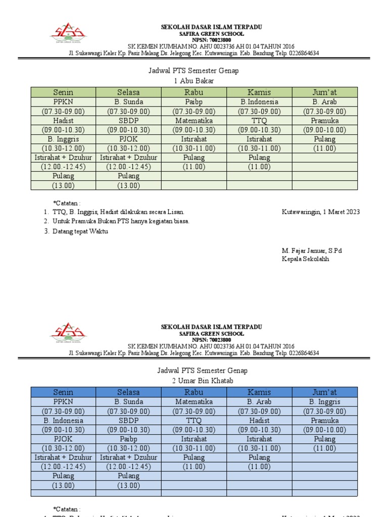 Jadwal PTS Semester Genap | PDF