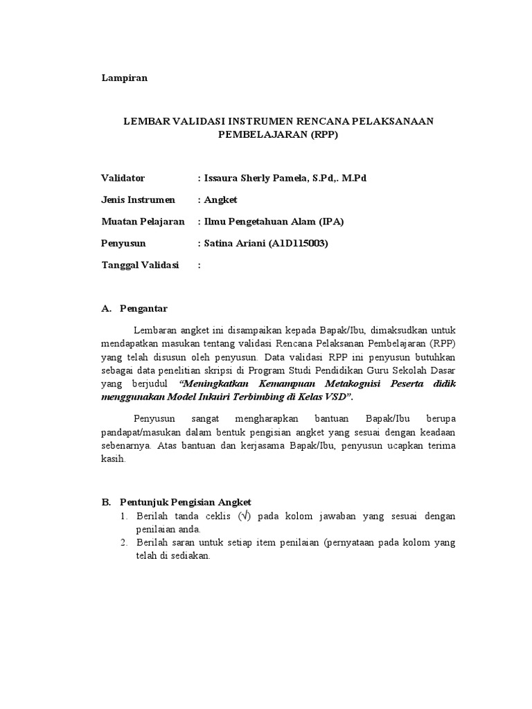 Lembar Validasi RPP SATINA | PDF