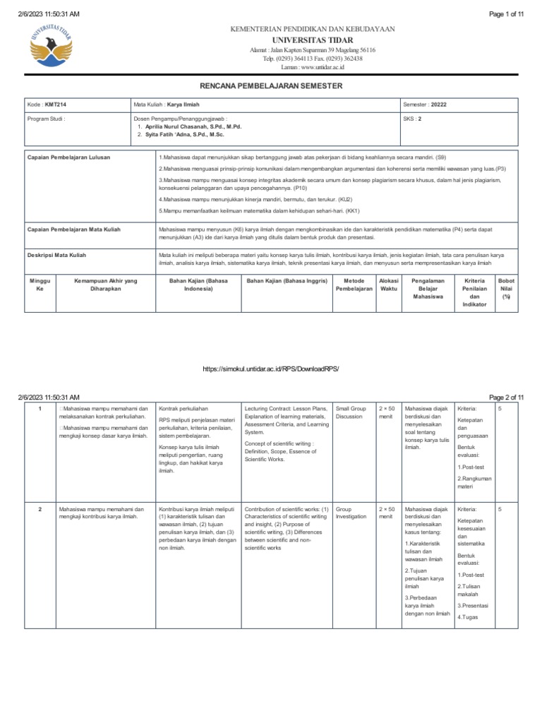 RPS Mata Kuliah Karya Ilmiah | PDF