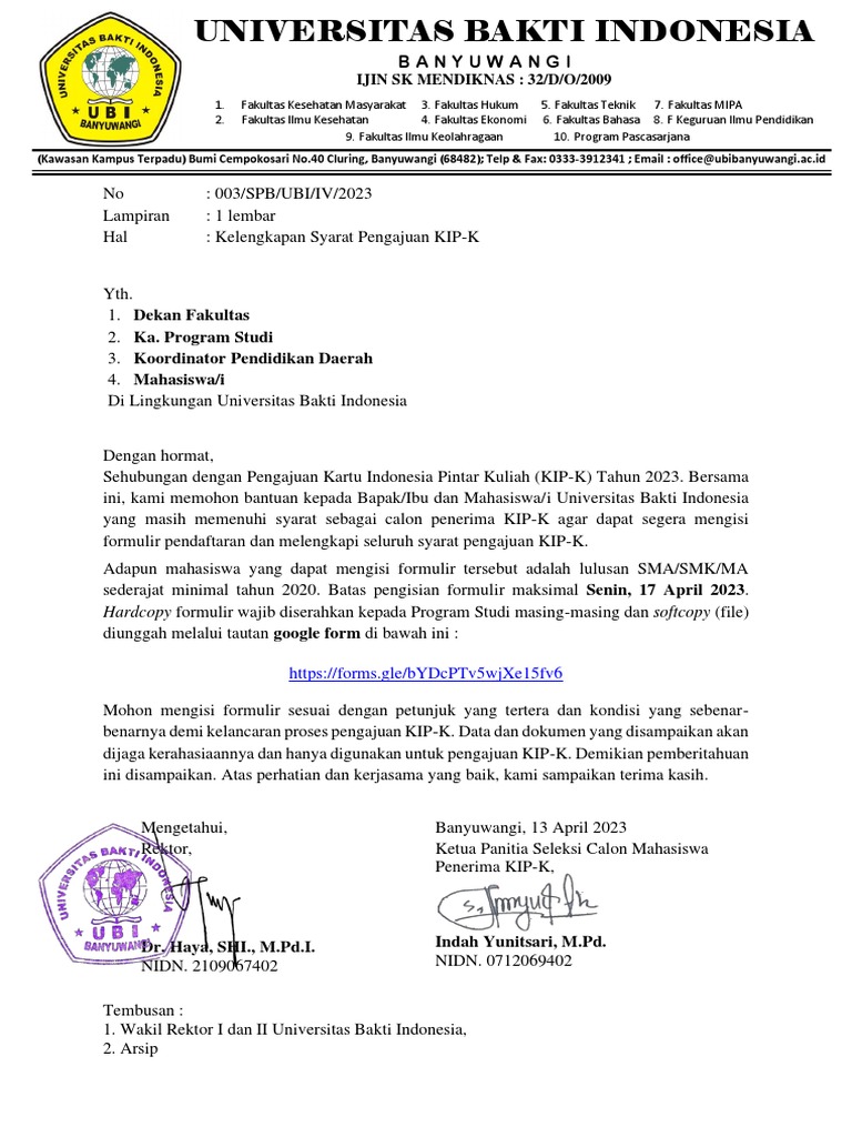 003 Surat Pemberitahuan Kelengkapan Syarat Pengajuan KIPK PDF | PDF