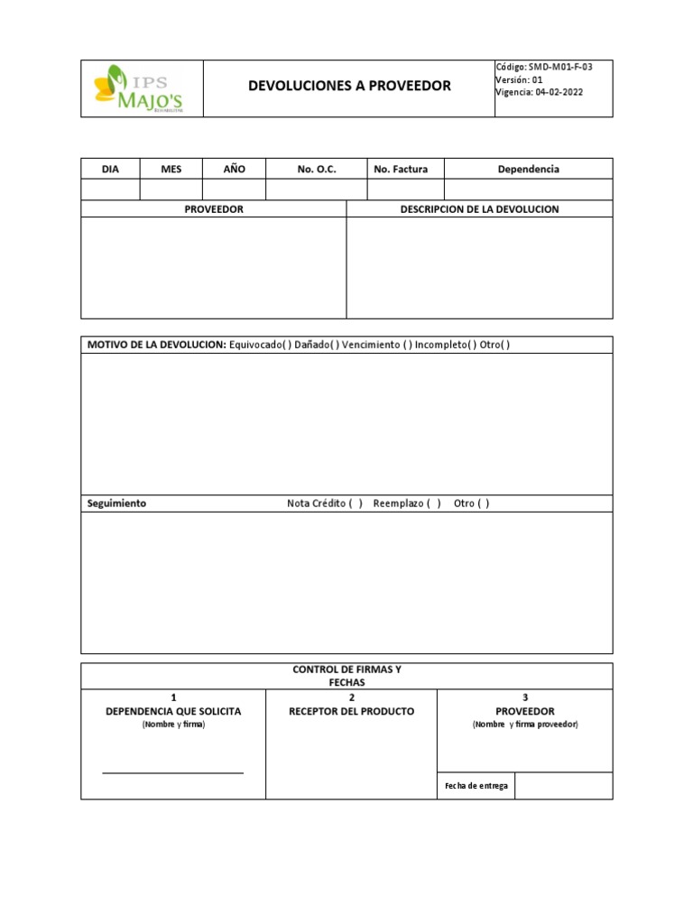 fORMATO Devolucion - A - Proveedor - Version - 1 | PDF