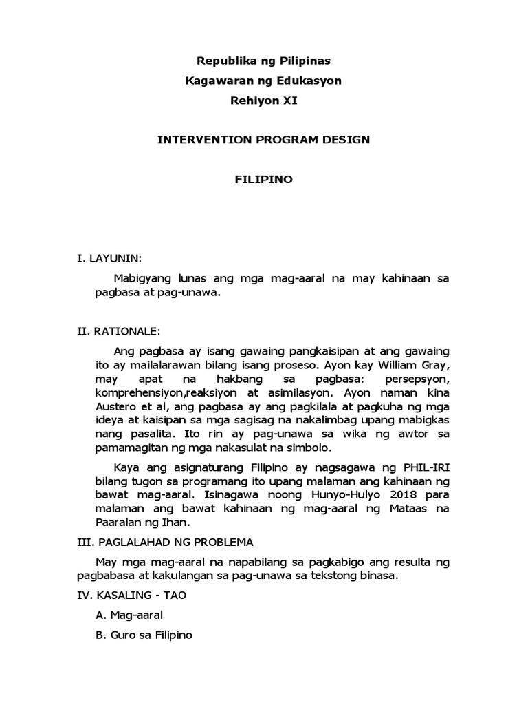 Intervention Sa Filipino | PDF