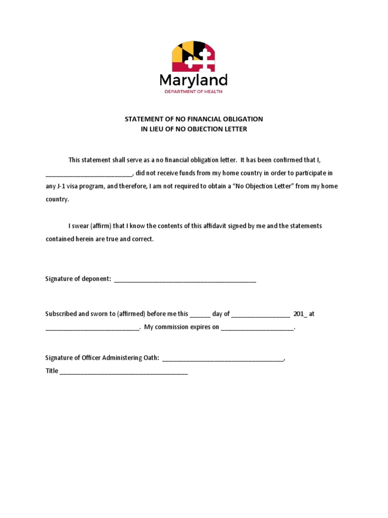 Statement Of No Financial Obligation In Lieu Of No Objection Letter Pdf
