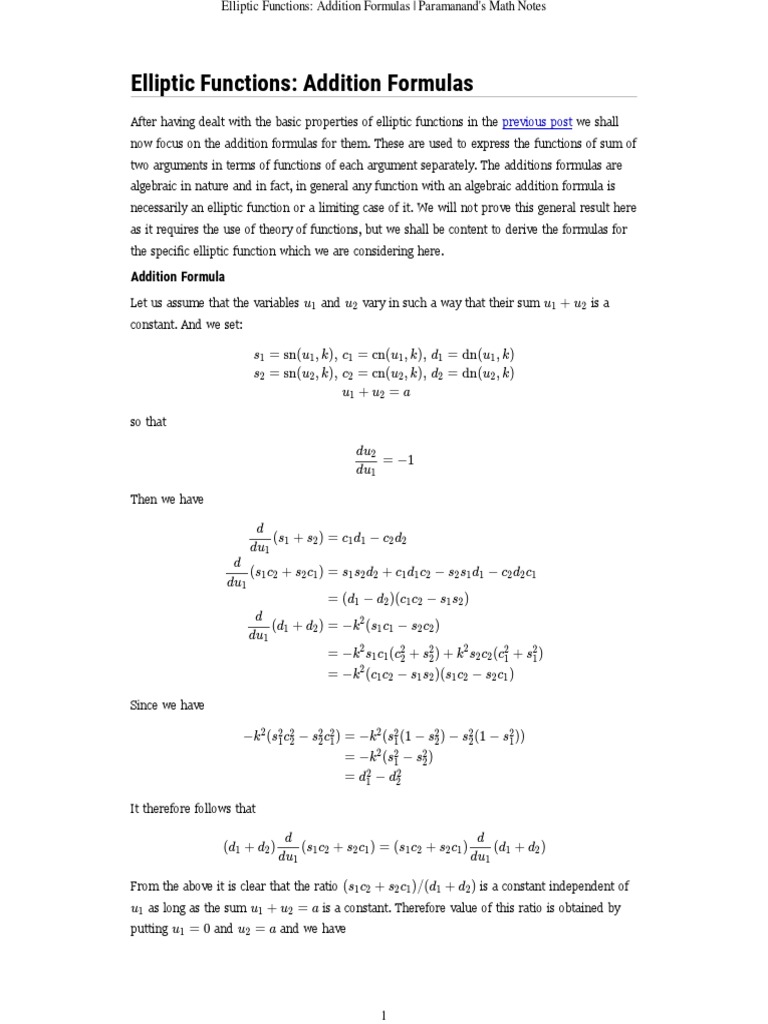 2011 01 Elliptic Functions Addition Formulas Pdf Pdf