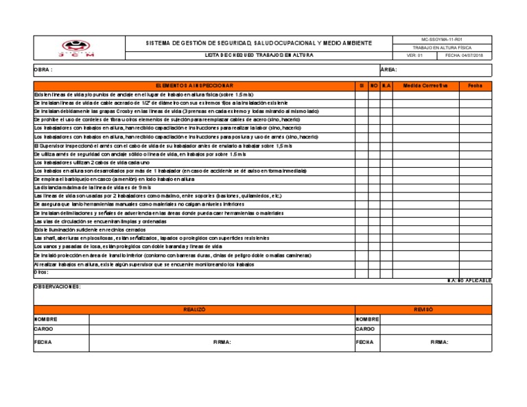 Check List Trabajo en Altura | PDF