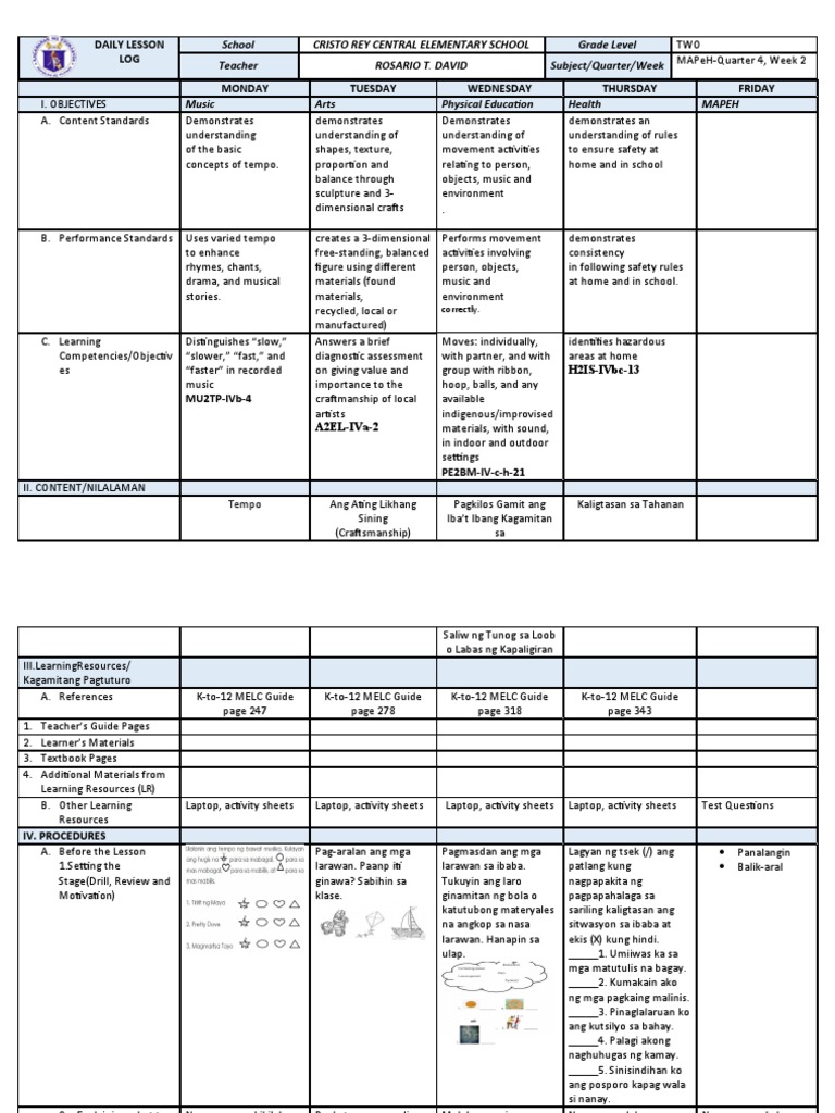 Grade 2 MAPEH Lesson Plan Week 2 | PDF