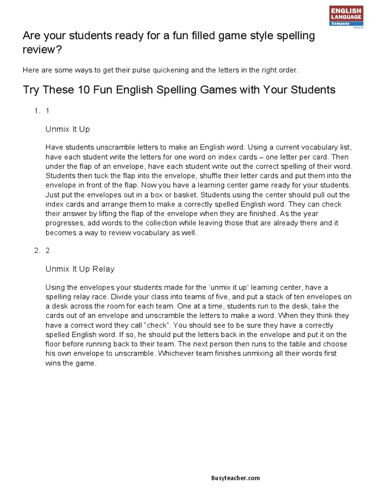 Fun Spelling Games for Students | PDF