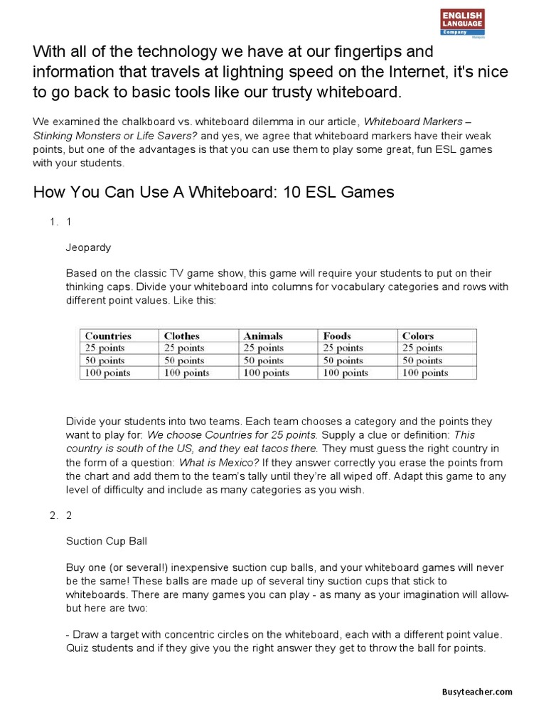 10 Esl Whiteboard Games | PDF