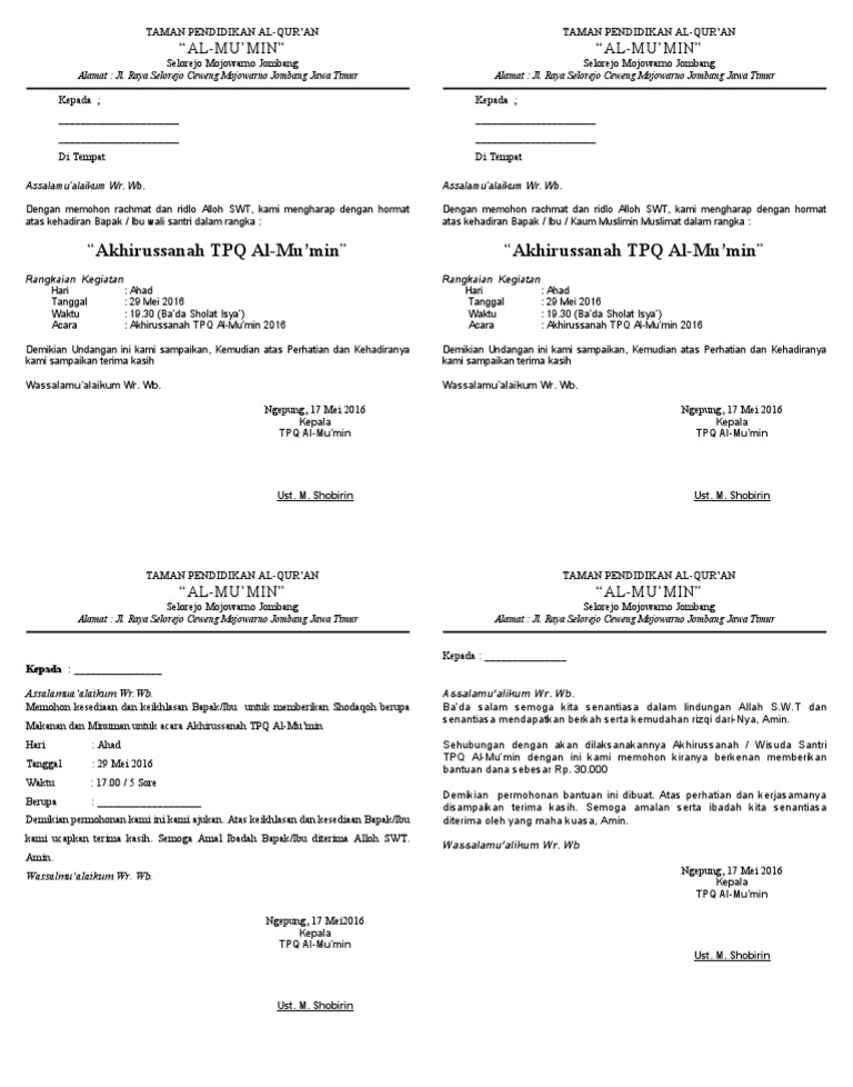 Undangan Wisuda TPQ Al-Mu'min 2016 | PDF