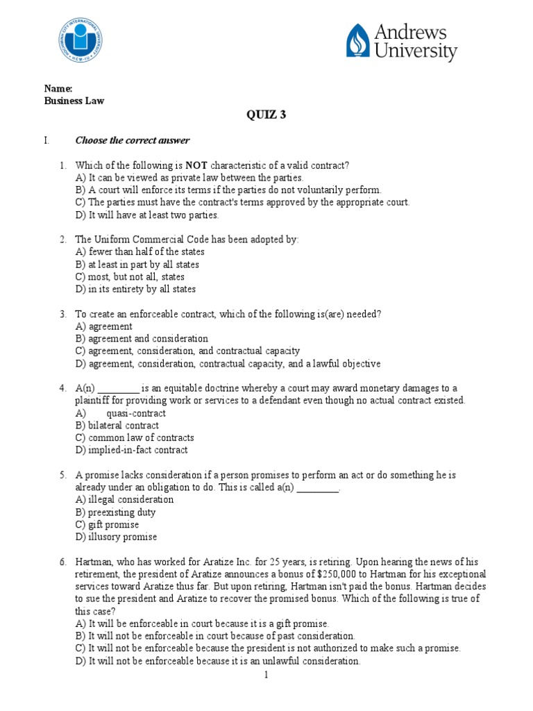 Business Law Quiz: Contract Fundamentals | PDF
