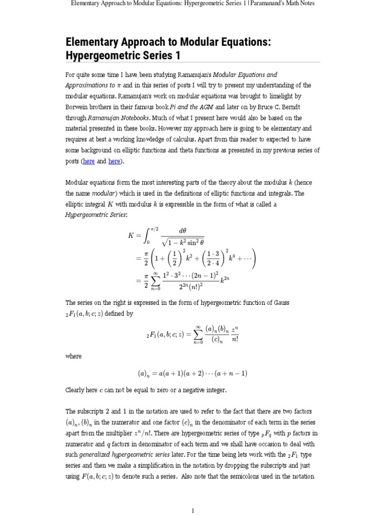 2011-10-Elementary Approach to Modular Equations_Hypergeometric Series 1.pdf | PDF
