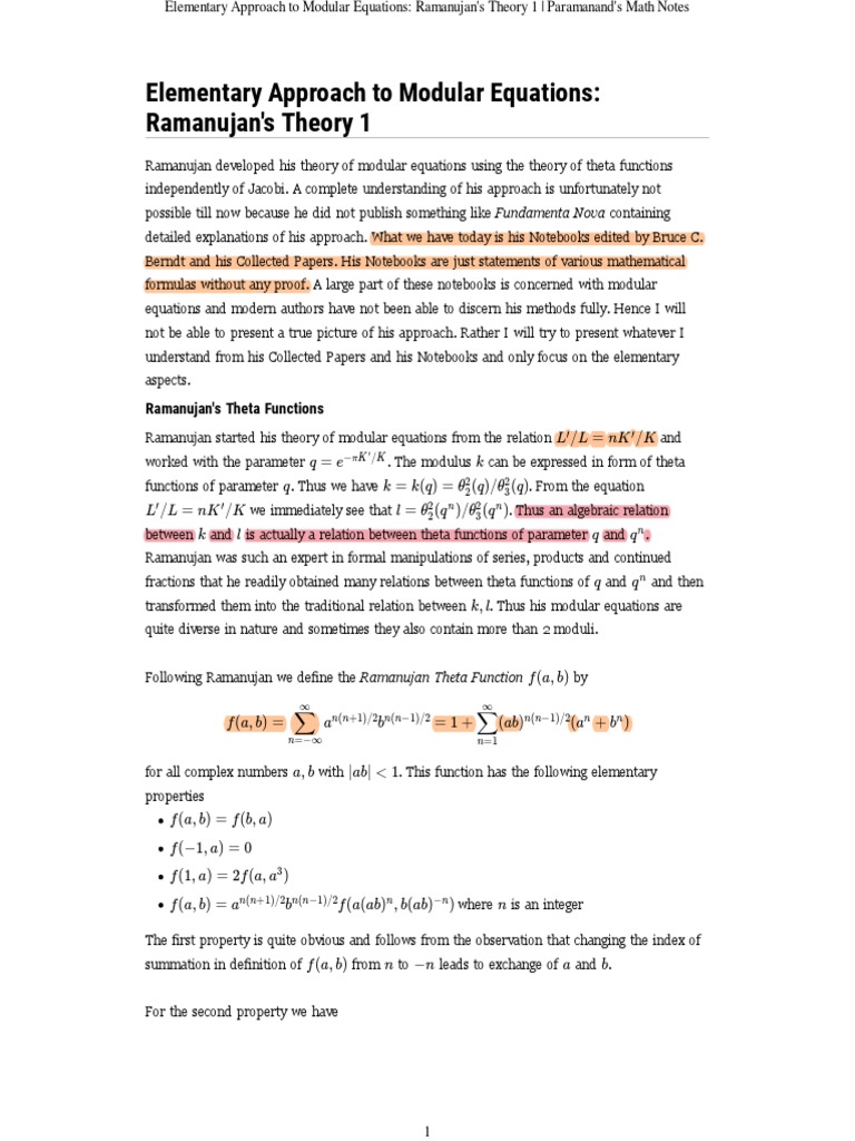 2011-11-Elementary Approach To Modular Equations - Ramanujans Theory 1 ...