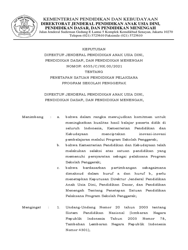 SK Dirjen Pendidikan Paud, Dikdas, Dan Dikmen No. 6555 Tahun 2021 | PDF