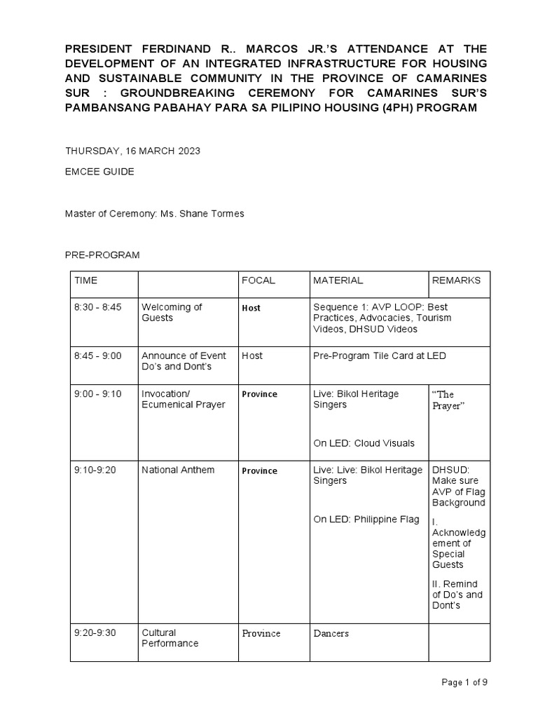 EMCEE GUIDE - CAMSUR - 4PH Project 2 | PDF