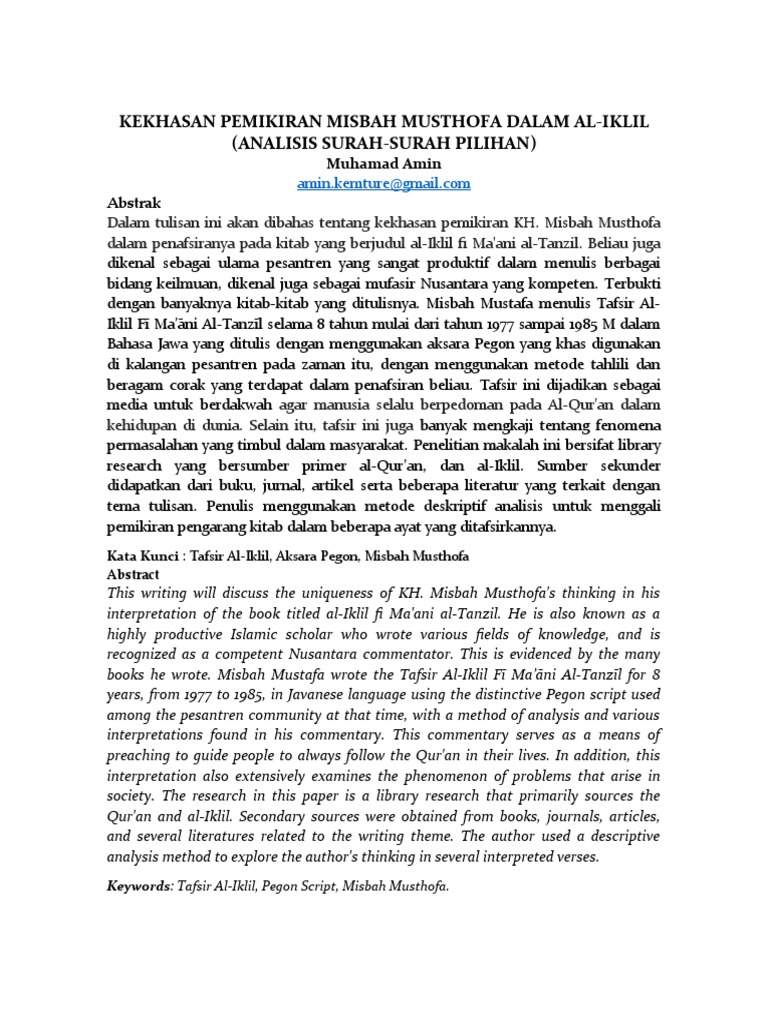Pemikiran KH Misbah Musthofa dalam Tafsir Al-Iklil | PDF