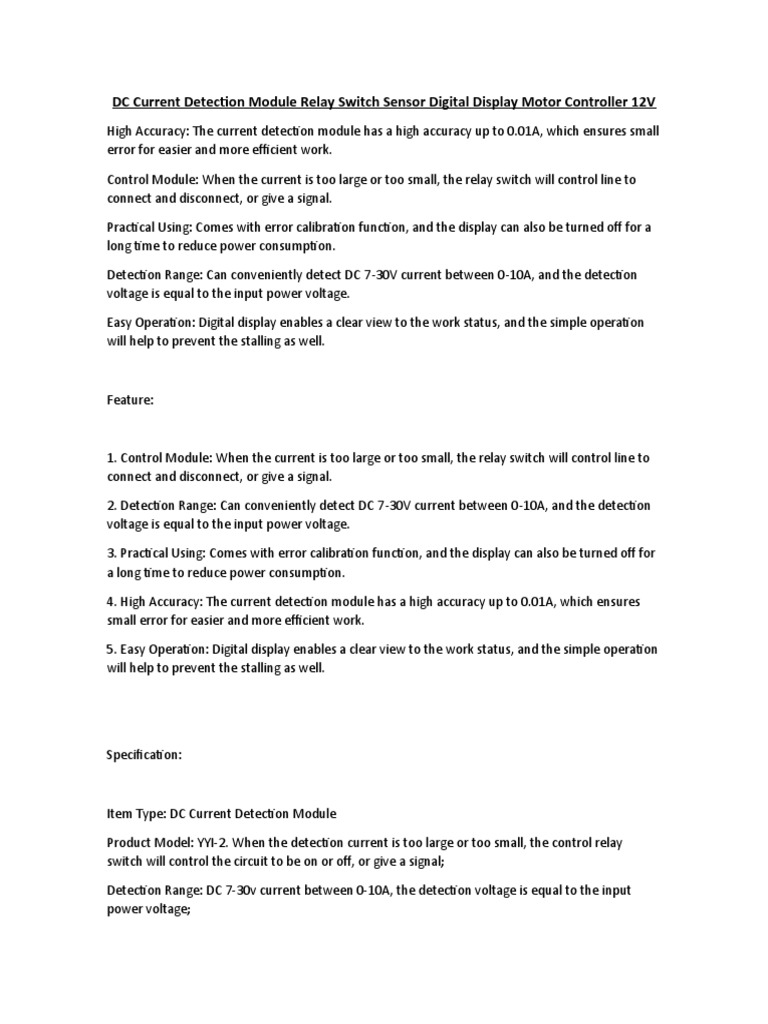 DC Current Detection Module Relay Switch Sensor Digital Display Motor Controller 12V | PDF