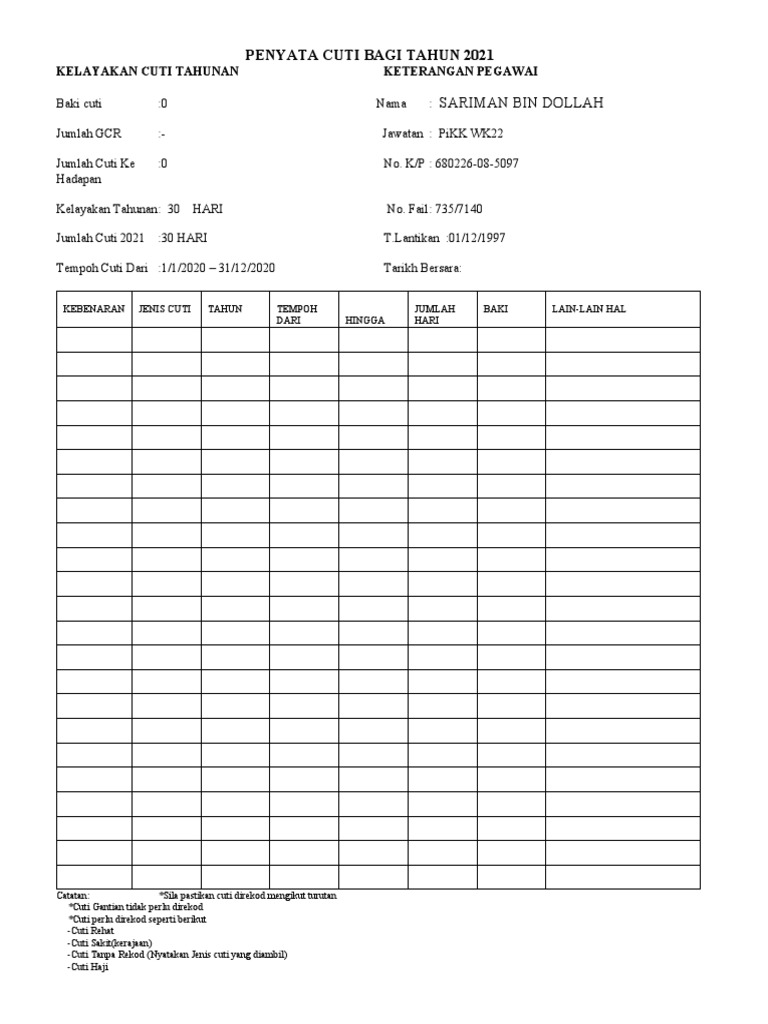 Penyata Cuti Bagi Tahun | PDF