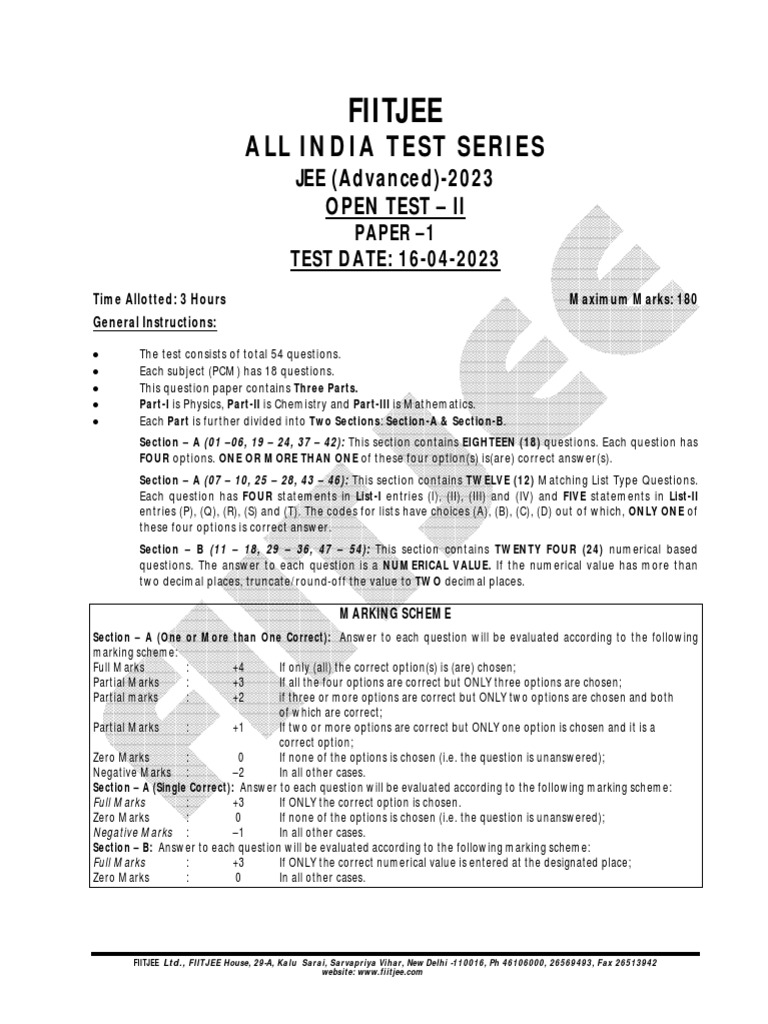 AITS 2223 OT II JEEA TD Paper 1 PDF | PDF
