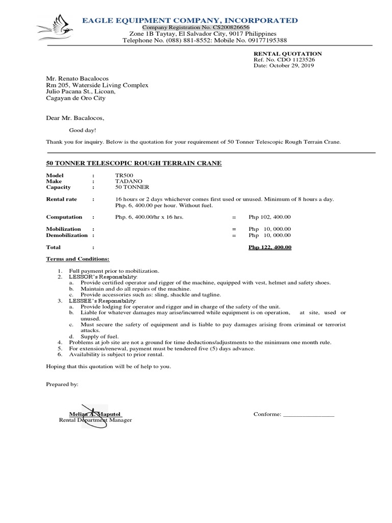 Providing a Rental Quotation for a 50 Tonner Telescopic Rough Terrain ...