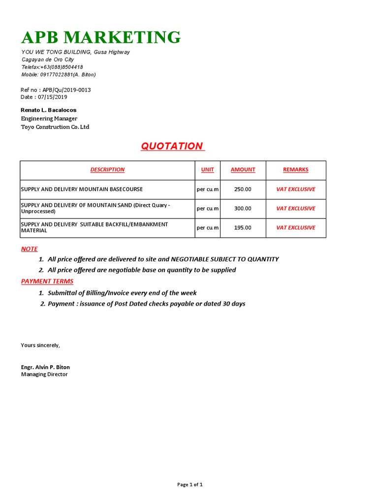 Apb Quotation For Mountain Basecoarse, Sand & Embankment Materials | PDF