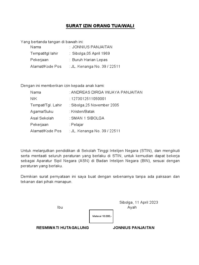 Surat Ijin Orang Tua Atau Wali STIN | PDF