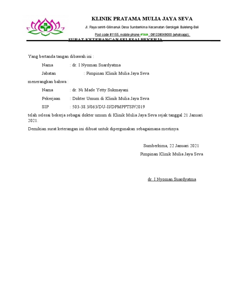 Surat Keterangan Selesai Bekerja MJS | PDF