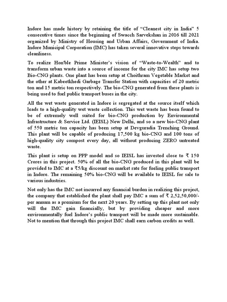 Indore's Bio-CNG Plant Initiatives | PDF