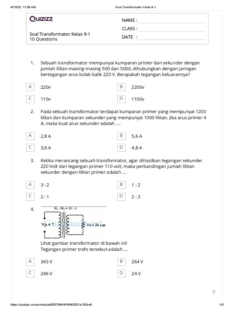 Soal Transformator Kelas 9-2 | PDF