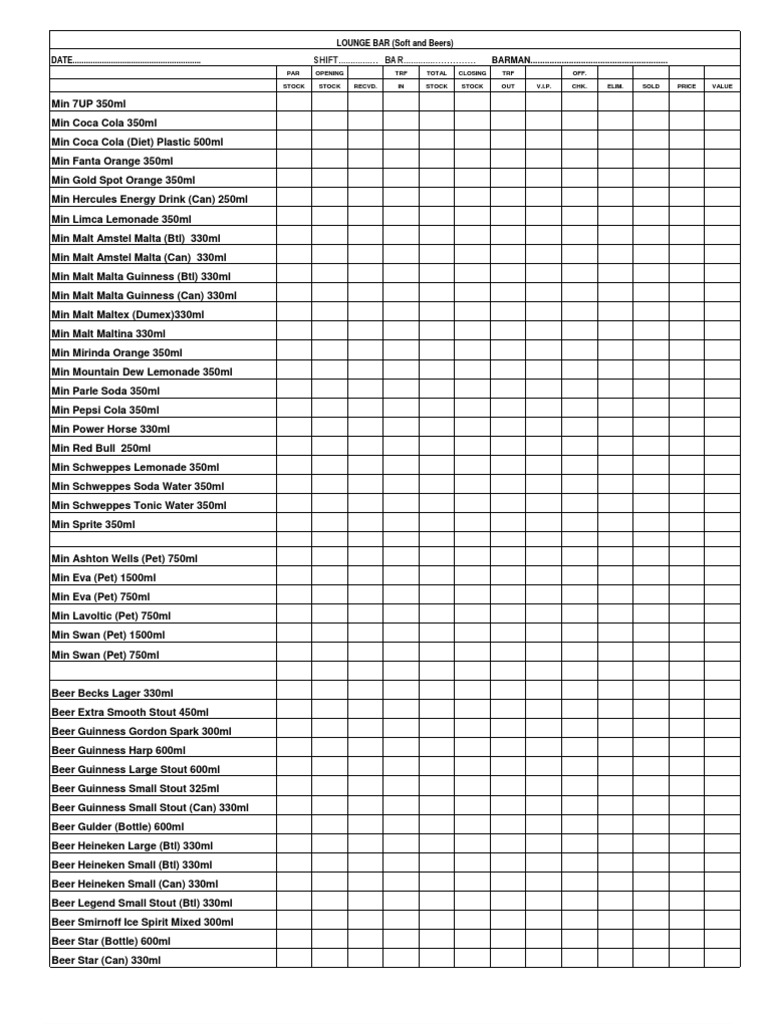 Daily Bar Inventory Sheet Template | PDF | Beer | Soft Drink