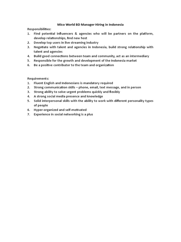 Mico World BD Manager Role in Indonesia | PDF