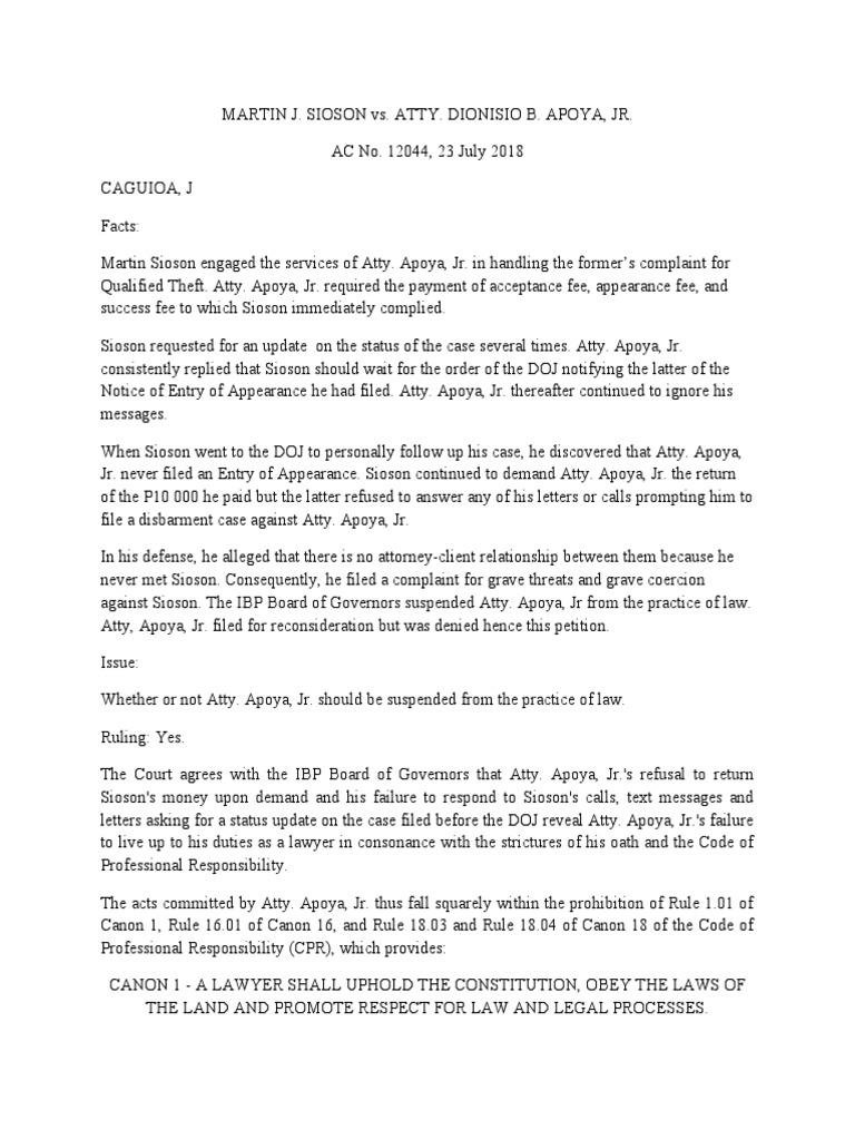 Disbarment Case: Sioson vs. Apoya, Jr. | PDF
