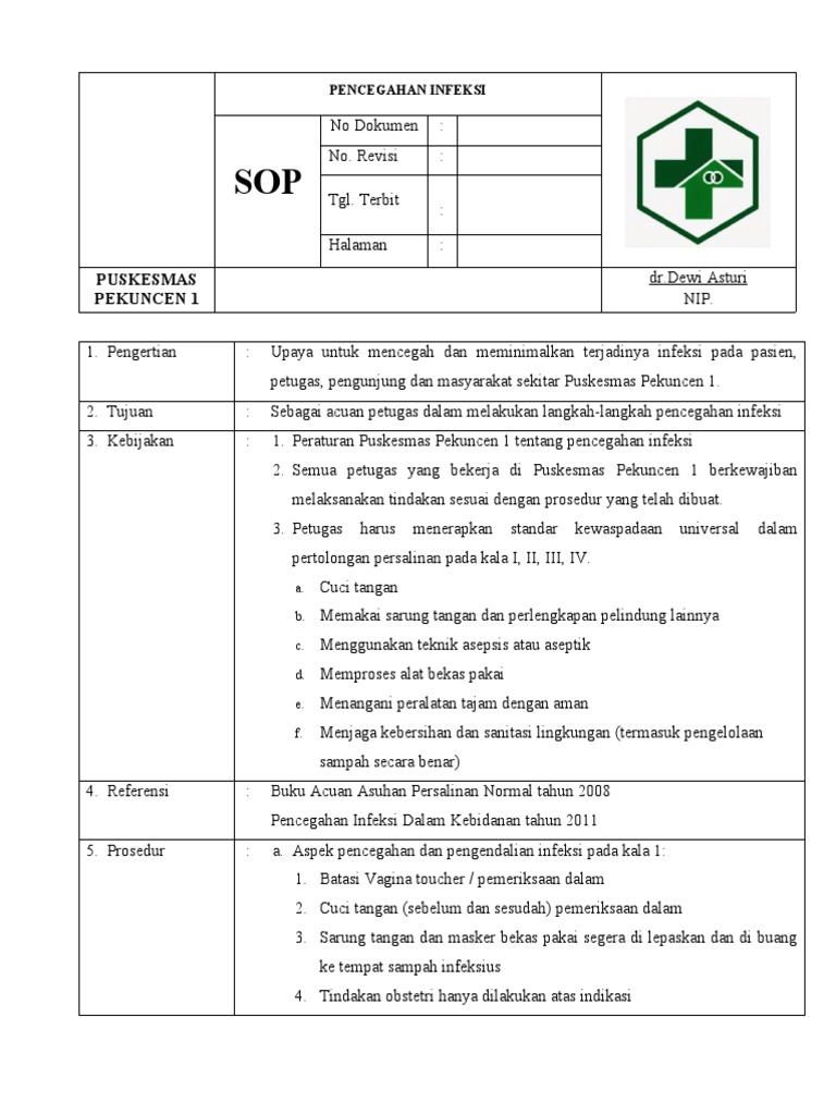 STANDAR OPERASIONAL PROSEDUR PENCEGAHAN INFEKSI DI PUSKESMAS PEKUNCEN 1 ...