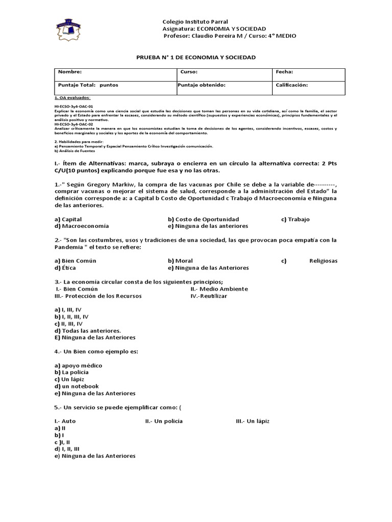 1° Evaluación Econo 4° | PDF