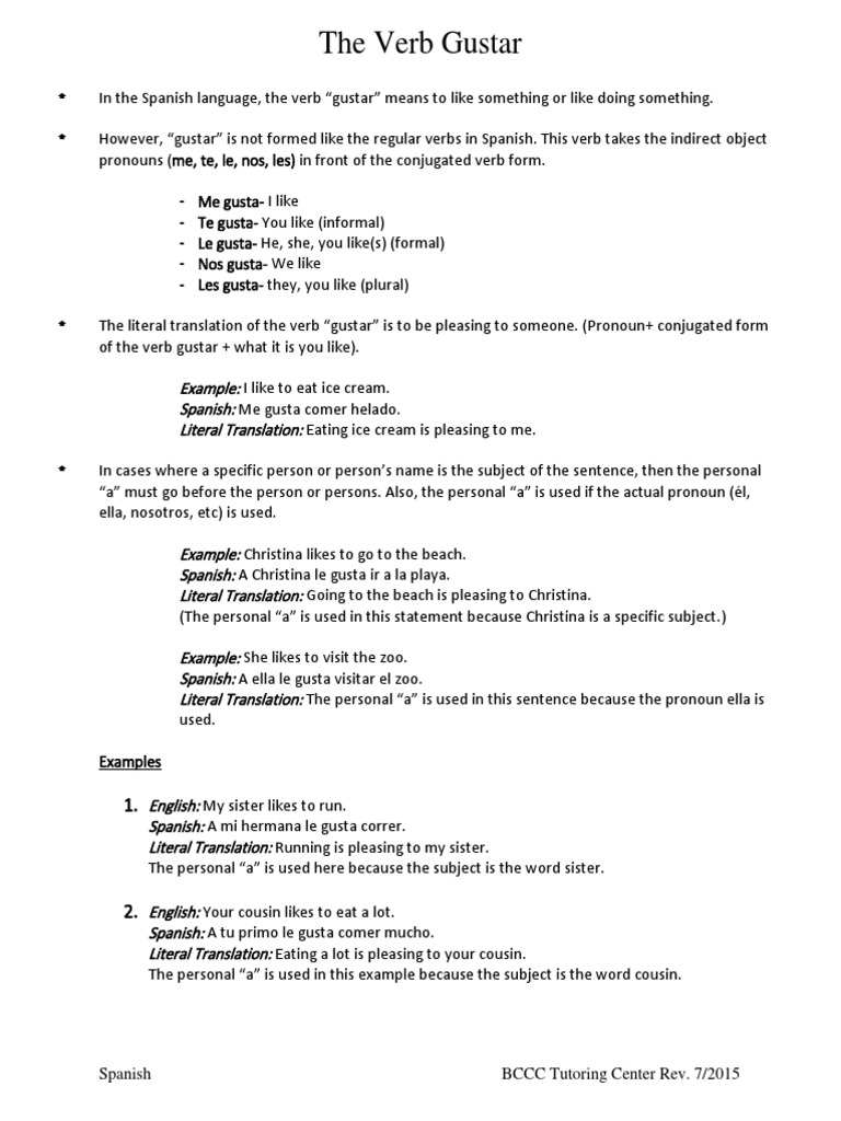 The Verb Gustar Explained | PDF | Language Mechanics | Linguistics