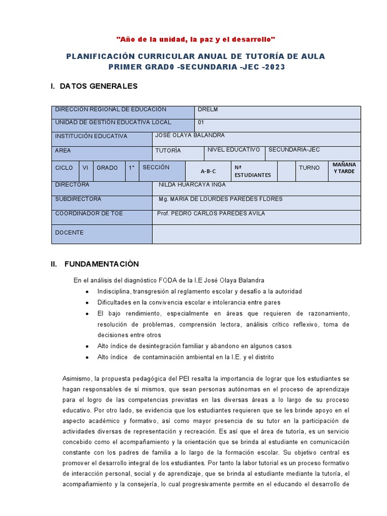 1_Plan Tutorial de aula 1ro_2023 | PDF
