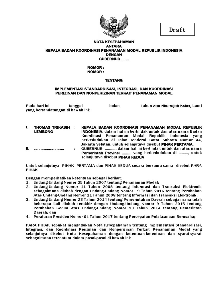 Draft - MOU - BKPM - Dan - Provinsi - As - of - 16 Nov - 2017 | PDF