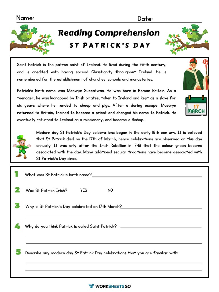 ST Patricks Day Reading Comprehension Worksheets | PDF