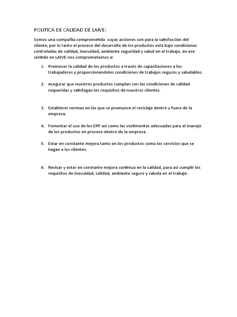 Politica de Calidad de Laive | PDF