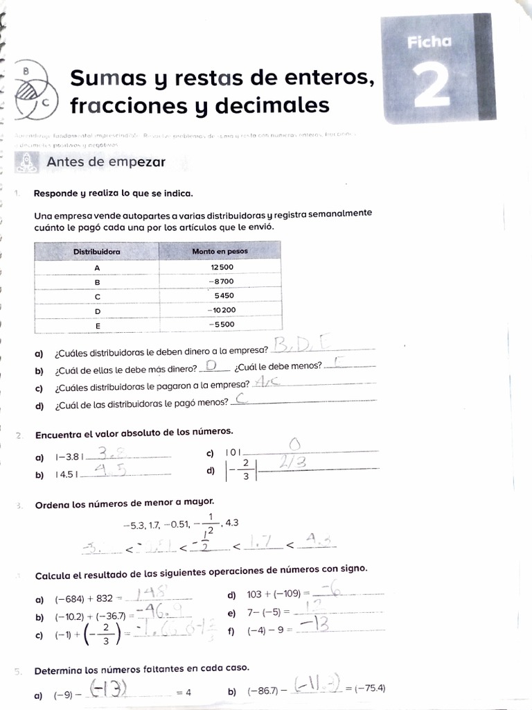Sumas y Restas de Enteros, Fracciones y Decimales PDF | PDF ...