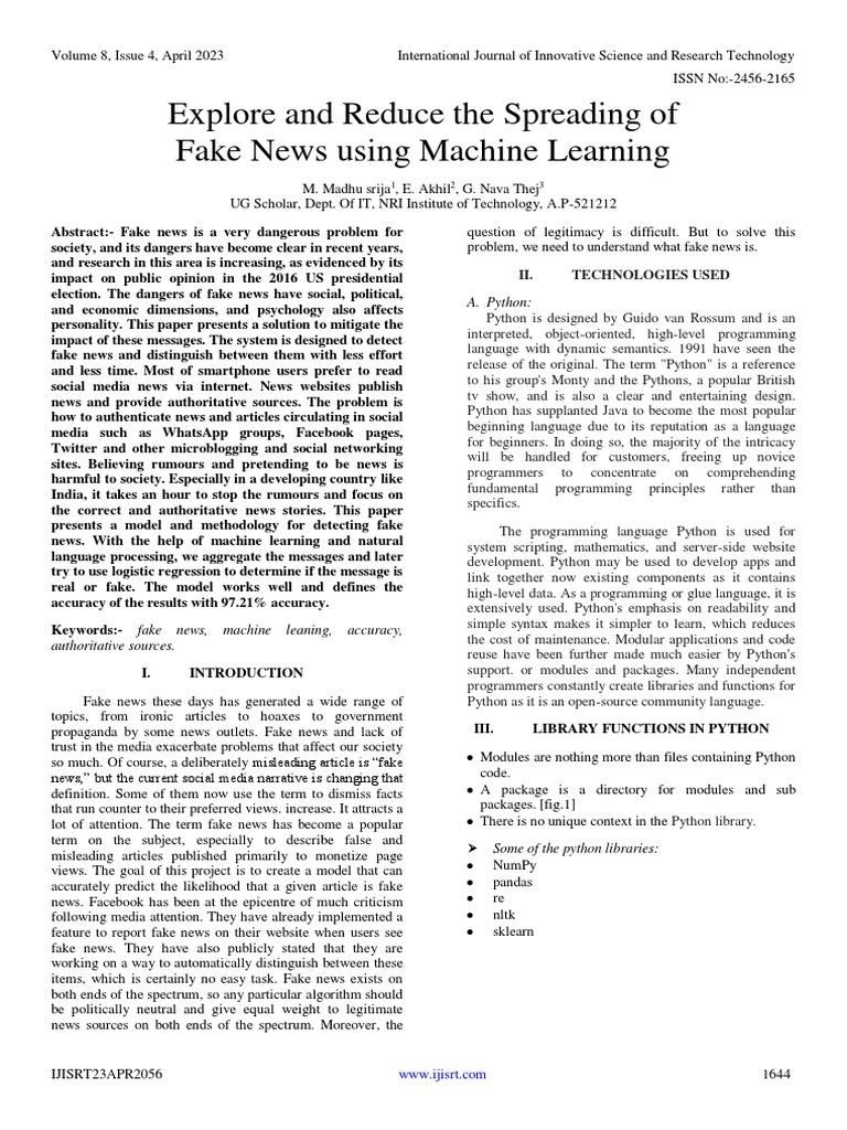 Explore and Reduce The Spreading of Fake News Using Machine Learning | PDF