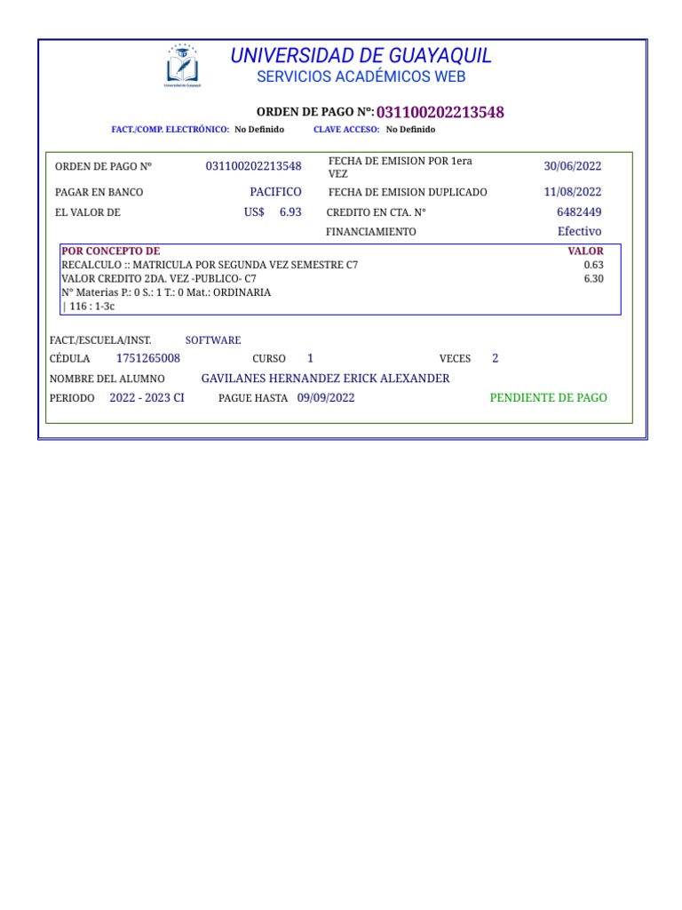 Universidad de Guayaquil - SIUG - Estudiante - Consultas - Orden Pago | PDF